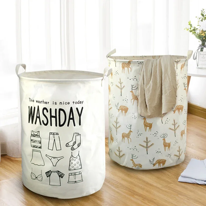 Cotton-Linen-Dirty-Laundry-Basket-Foldable-Round-Waterproof-Organizer ...