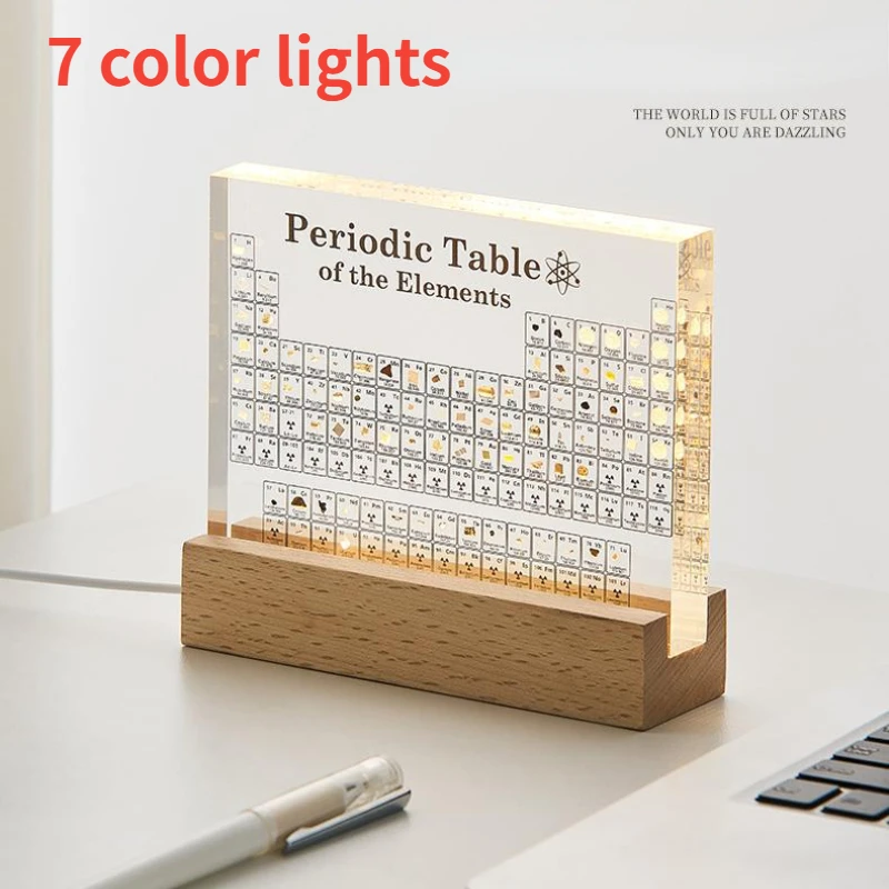 Crystal Acrylic Periodic Table Luminous Wood Base Real Element Periodic ...