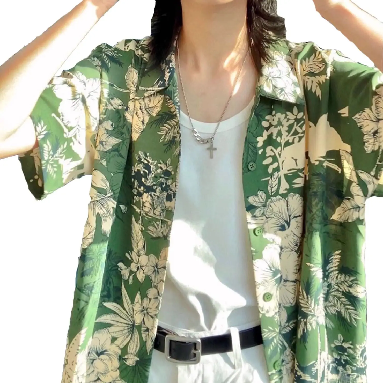 Hong Kong Style Retro Hawaiian Green Floral Shirt Women's Summer Thin ...