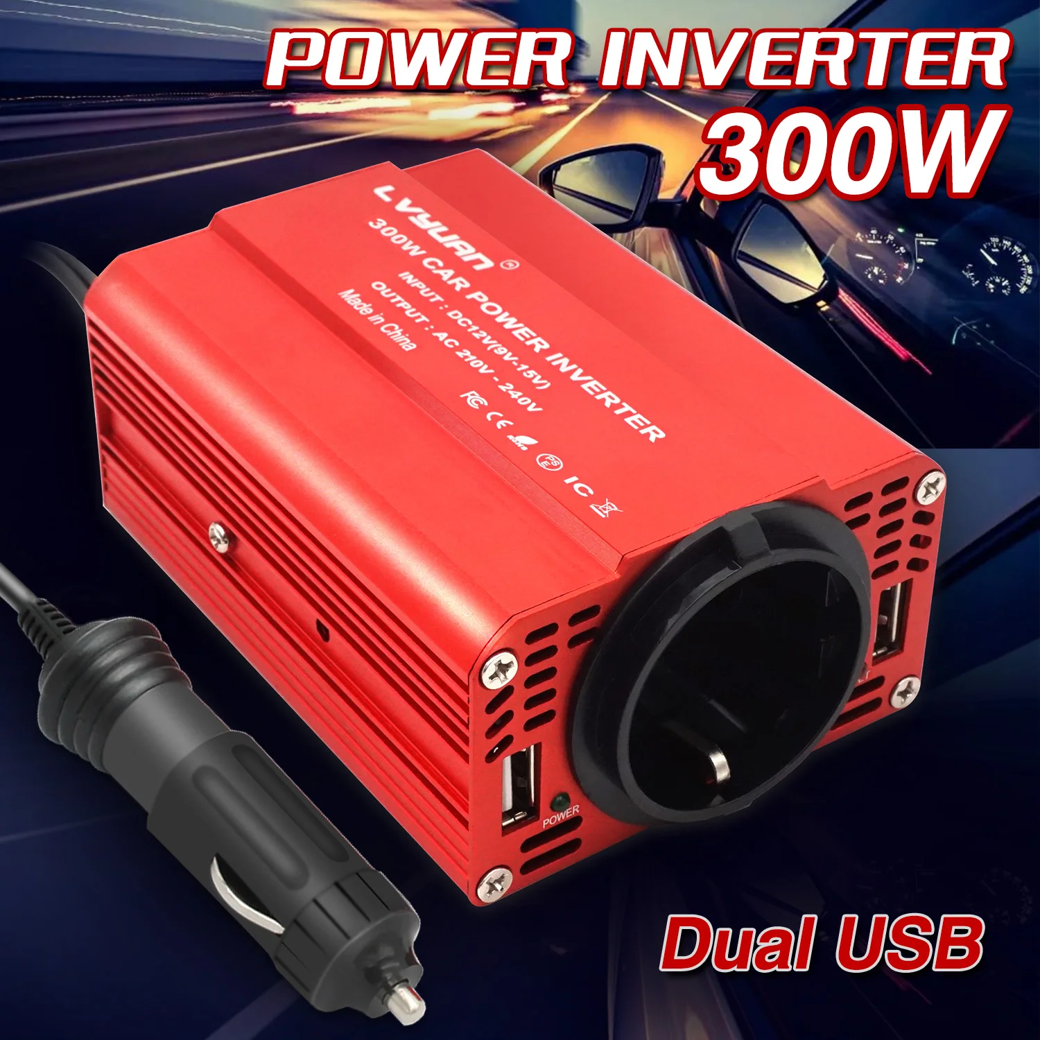 300W Car Power Inverter DC 12V To AC 110V 220V Dual USB Car Adapter ...