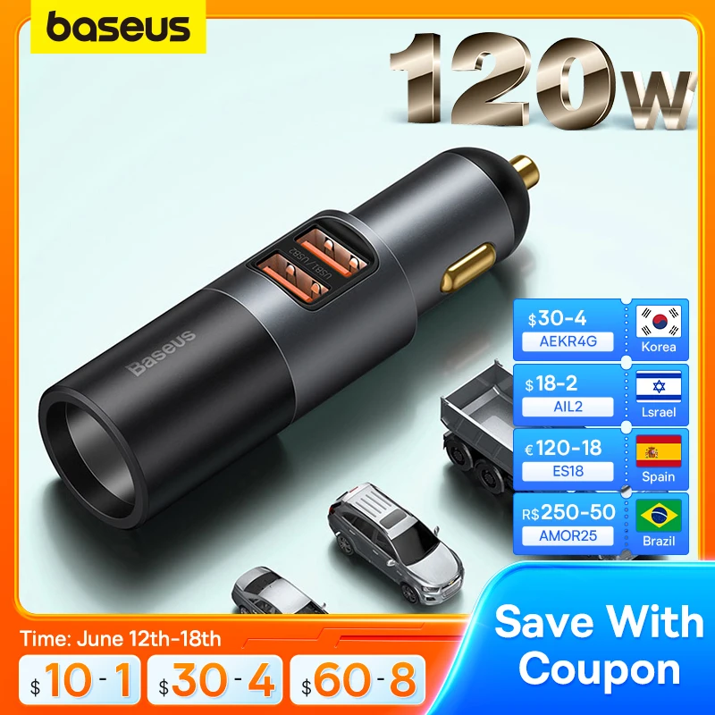 Baseus 120W Car Splitter QC4.0 3.0 PD PPS Cigarette Lighter Socket Dual ...