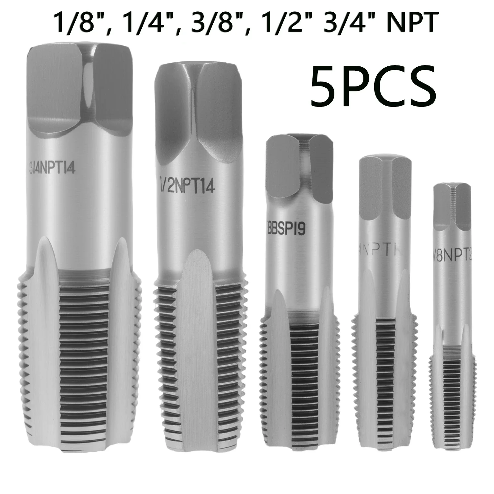 5 Pcs NPT Pipe Tap Set 1/8", 1/4", 3/8", 1/2", 3/4 NPT Tap Set Steel Threading Plumbing Tap Pipe ...