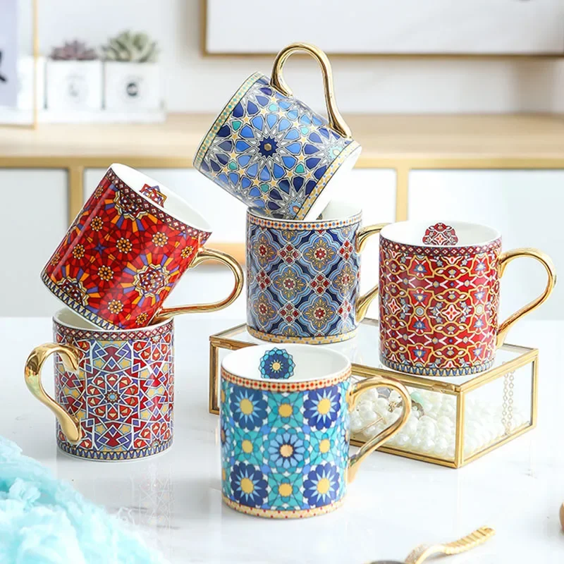 Moroccan-Style-Coffee-Mug-with-Gold-Handle-Vintage-Texture-Ceramic-Tea ...