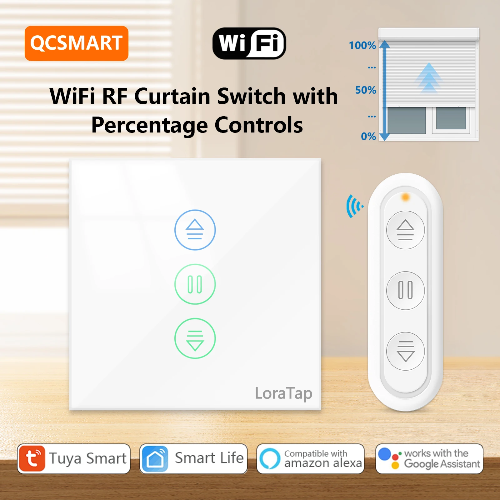 QCSMART Tuya Curtain Blinds Touch Panel Switch With Remote Smart Life ...