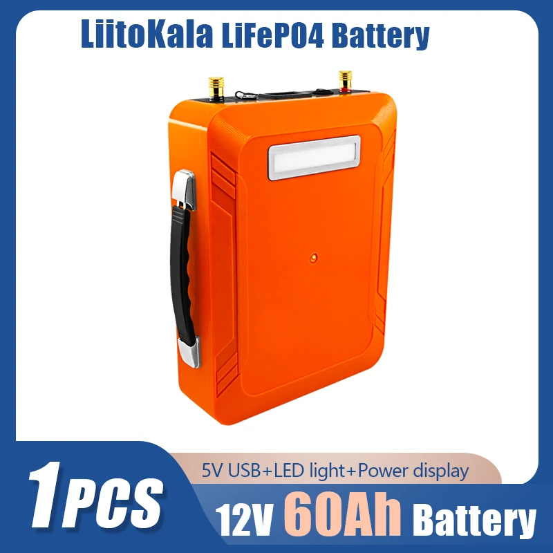 1pcs LiitoKala 12v 60Ah LIfepo4 battery pack with LED 5v USB 12.8v 60ah ...