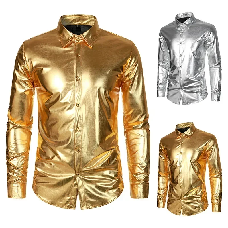 Men-Nightclub-Metallic-Silver-Button-Down-Short-Long-Sleeve-Shirts-Tops ...