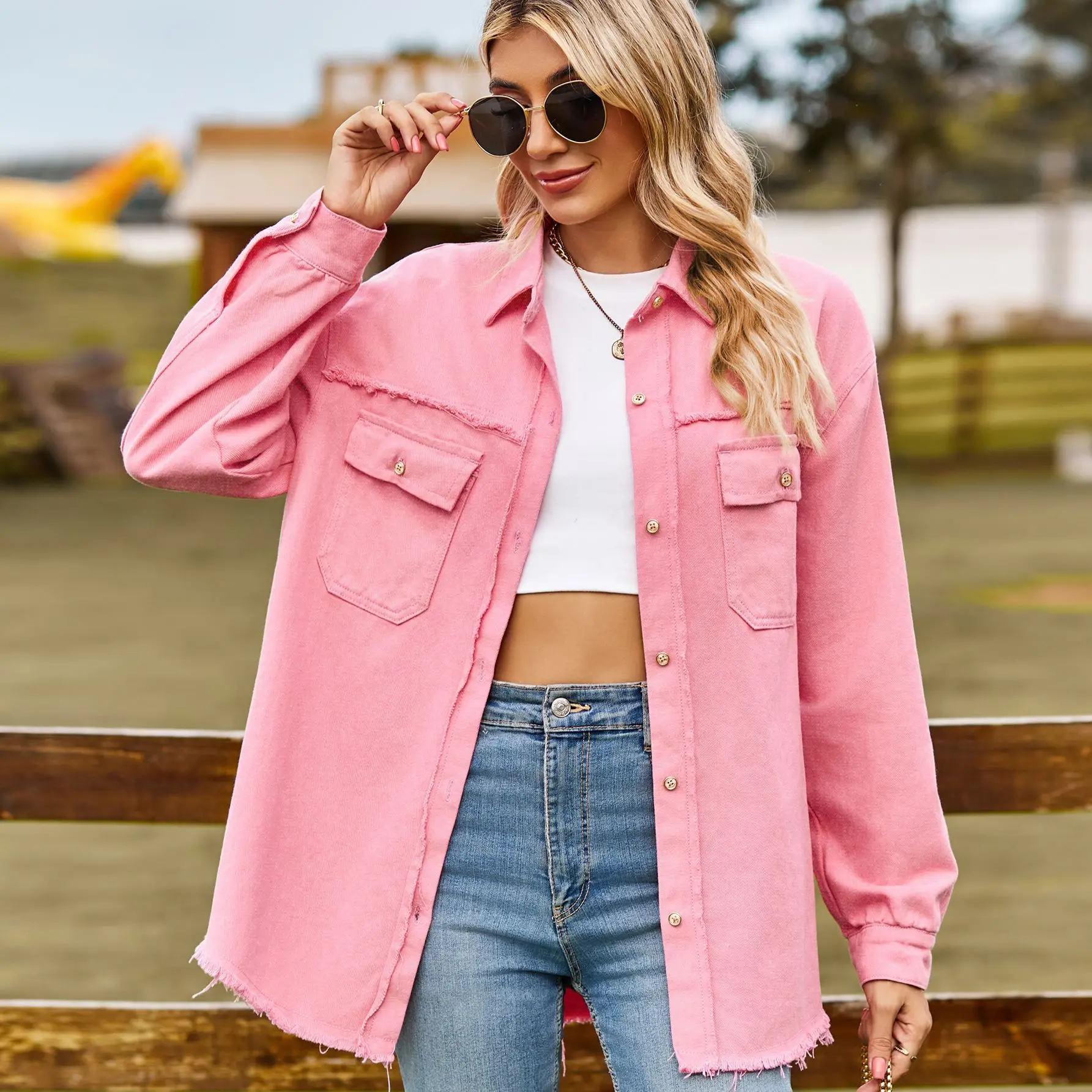 Women-s-Pink-Denim-Shirt-Oversized-Denim-Blouses-Long-Sleeve-Spring-and ...