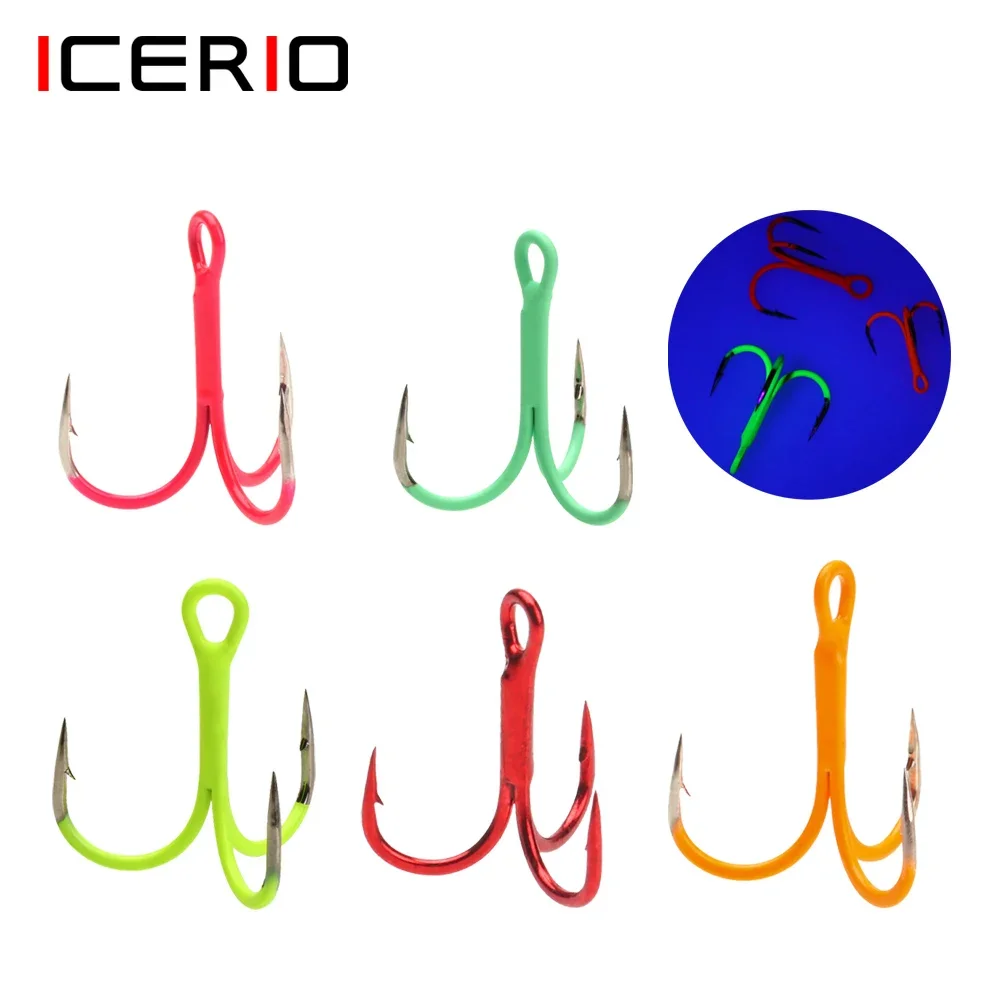ICERIO 5/10pcs 14#-3/0# Fluorescent/Luminous Round Bent Inline Treble Hooks Saltwater Freshwater ...