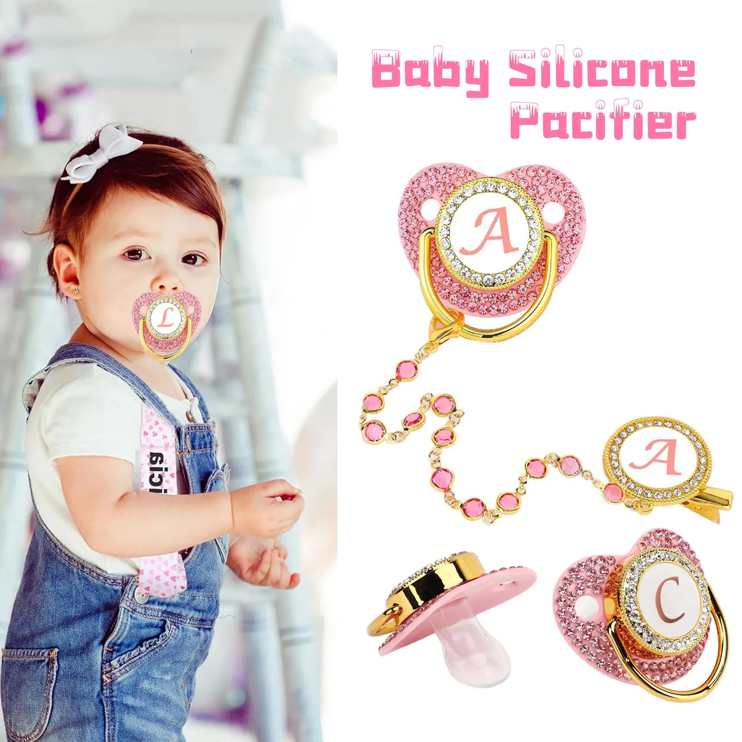 New-Full-Diamond-Pink-Letter-Pacifier-Photo-Accessories-Baby-Pacifier ...