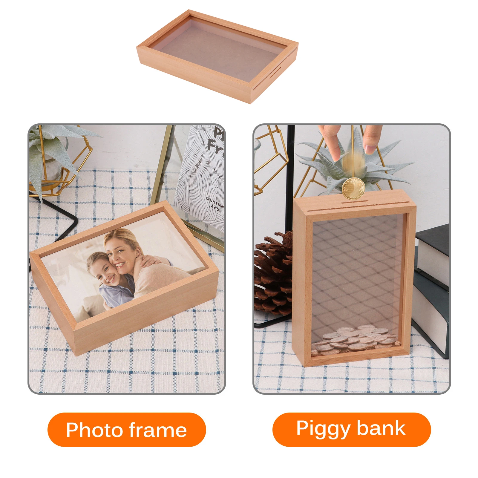 Photo-Frame-Saving-Money-Box-Unisex-Wooden-Insert-Image-Jar-Piggy-Bank ...