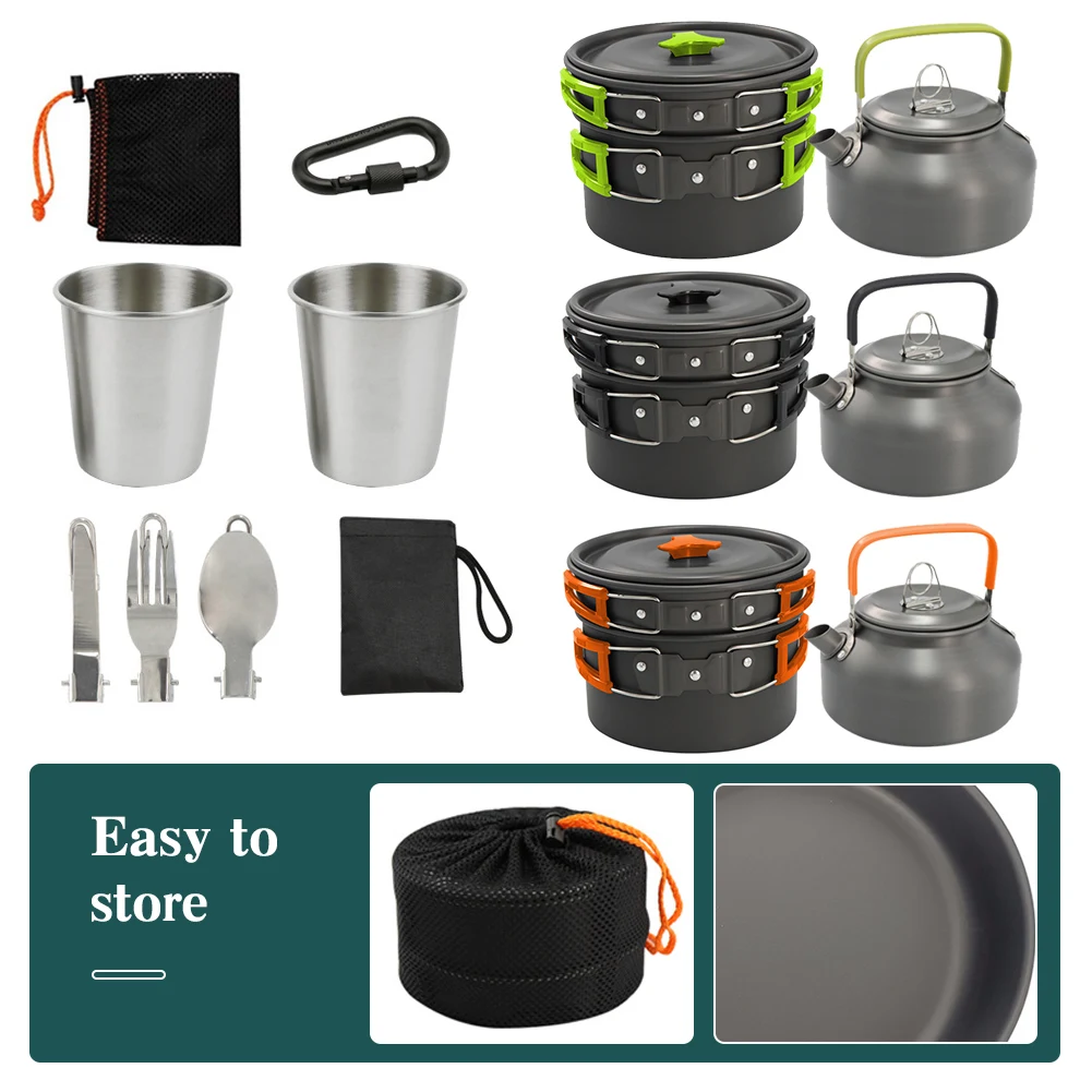 11Pcs-Camping-Cookware-Mess-Kit-Non-Stick-Lightweight-Pot-Pan-Kettle ...