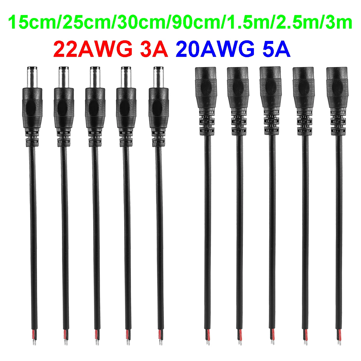 Female Male DC Power Adapter Pigtail Cable 5.5mm 2.1mm 12V Barrel Jack ...