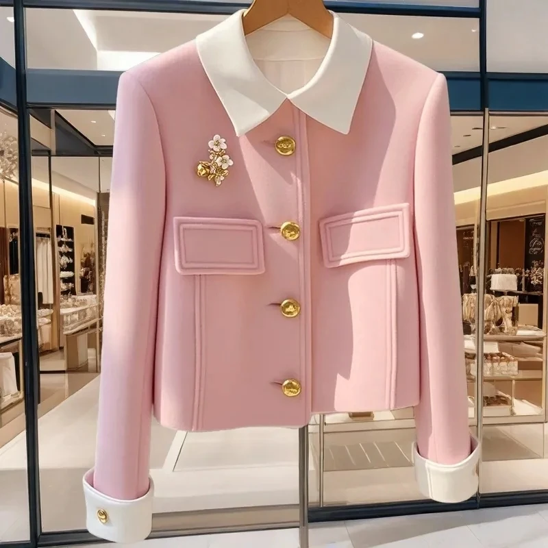 New Autumn And Winter 2025 Pink Padded Single-Breasted Women's Woolen ...