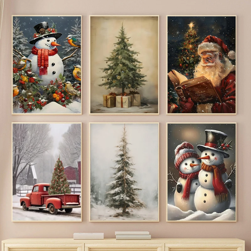 6pcs-Santa-Claus-and-Snowman-Wall-Art-Canvas-Painting-Nordic-Winter ...