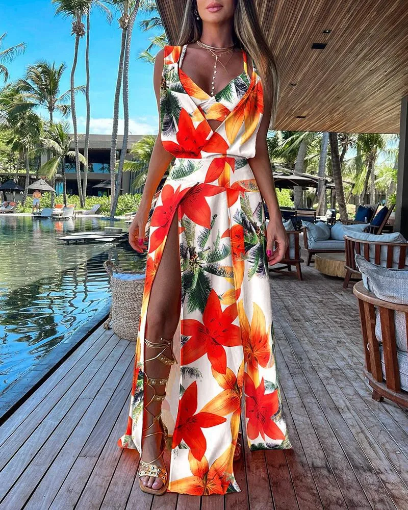 Deep V Neck Party Fashion Casual Sexy High Slit Boho Wedding Guest Dress