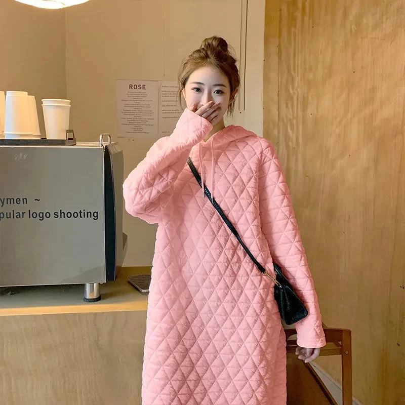 Winter-Fashion-Rhombus-Hooded-Women-Parka-Dress-Pink-Quilting-Padded-Long-Sleeve-Dress-Warm ...