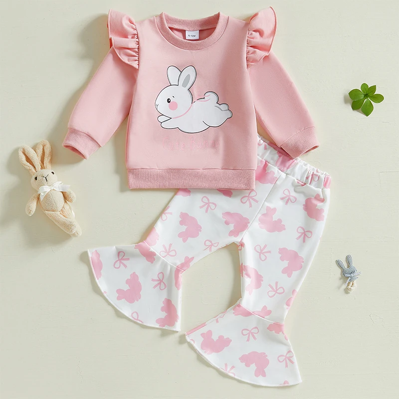 Toddler Baby Girls Easter Outfits Bunny Print Ruffles Long Sleeve ...