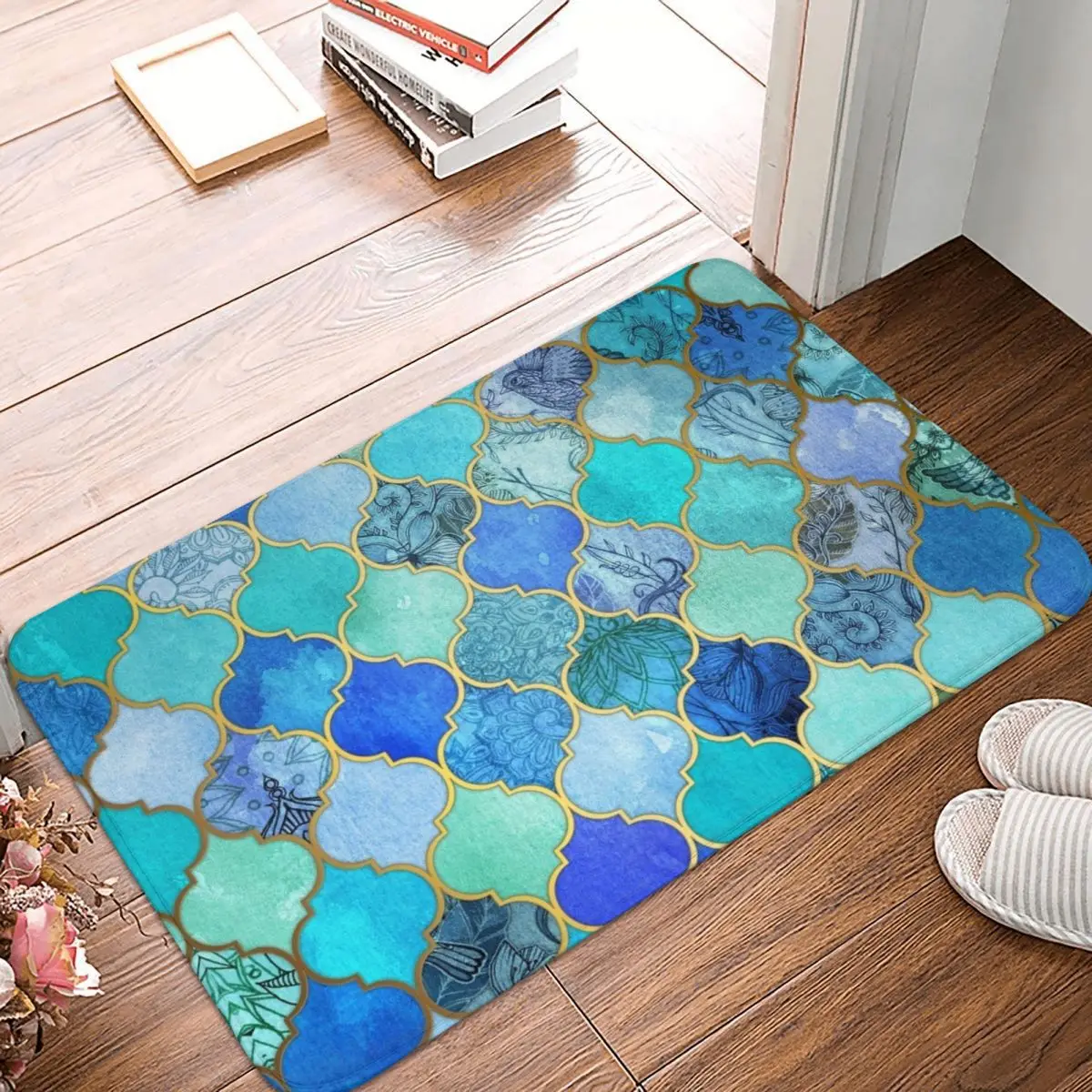 Cobalt-Blue-Aqua-Gold-Decorative-Moroccan-Tile-Doormat-Rug-Carpet-Mat ...