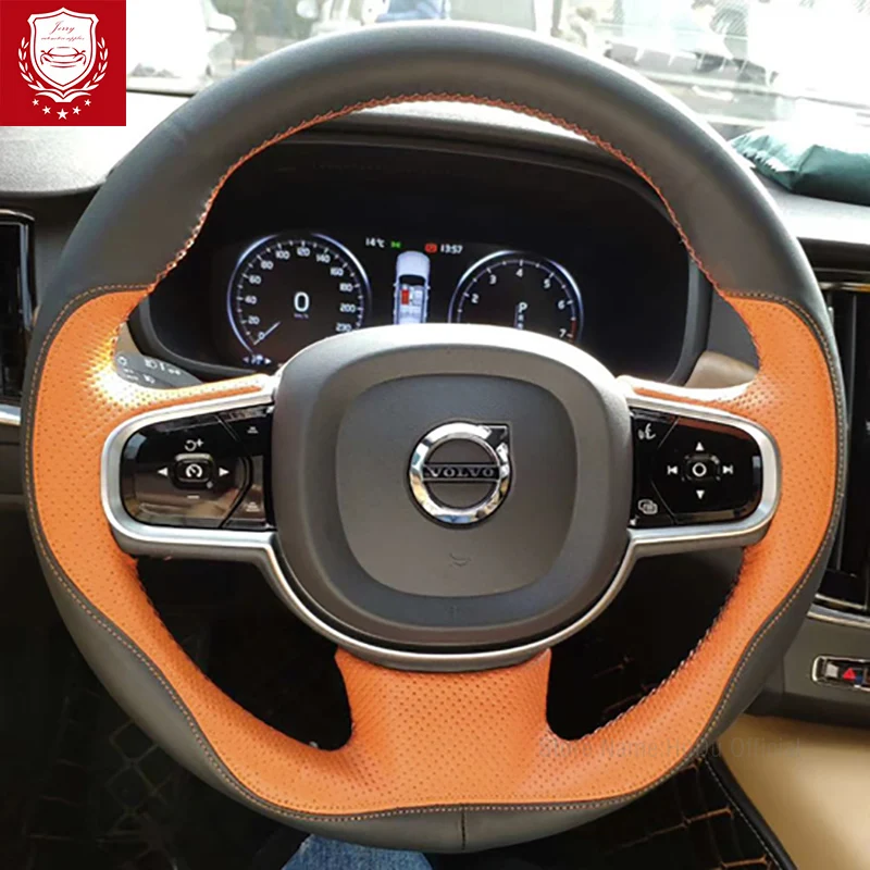 DIY-hand-stitched-Black-Brown-Orange-leather-car-steering-wheel-cover ...