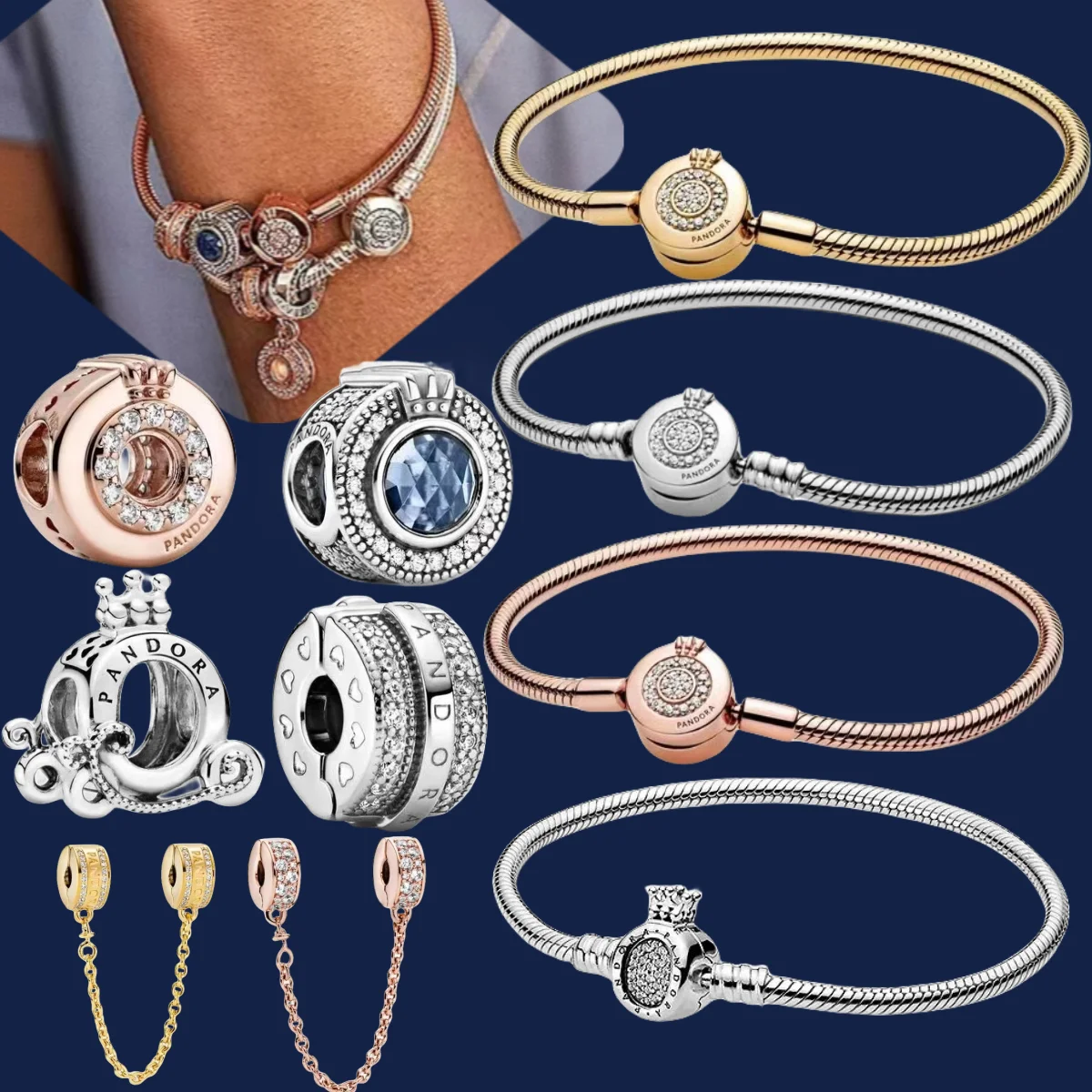 Pulsera-Pandora-de-oro-y-plata-de-ley-925-con-logotipo-Original-para ...
