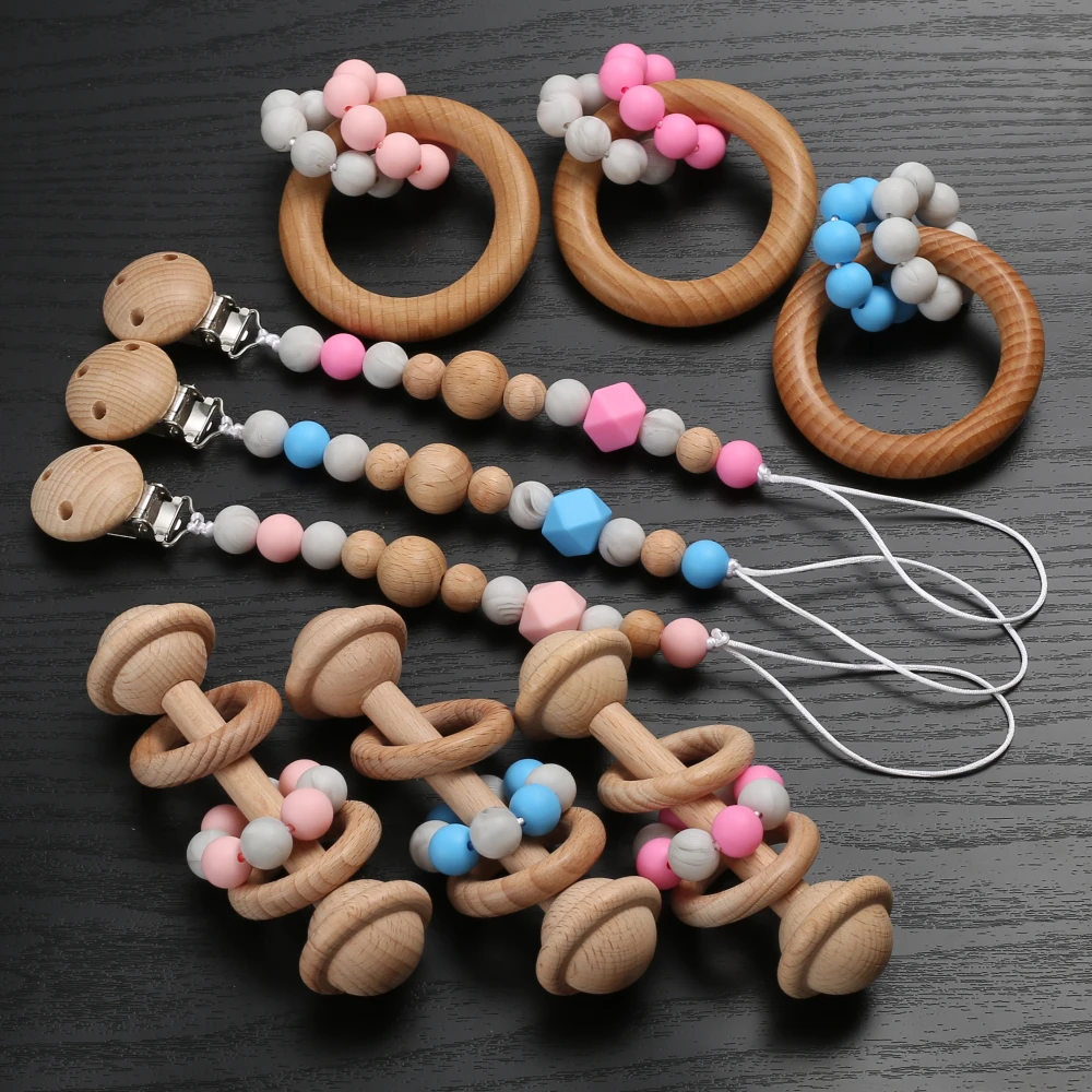 Baby-Pacifier-Chain-Rattles-Hand-Rings-Set-Handmade-Wooden-Silicone ...