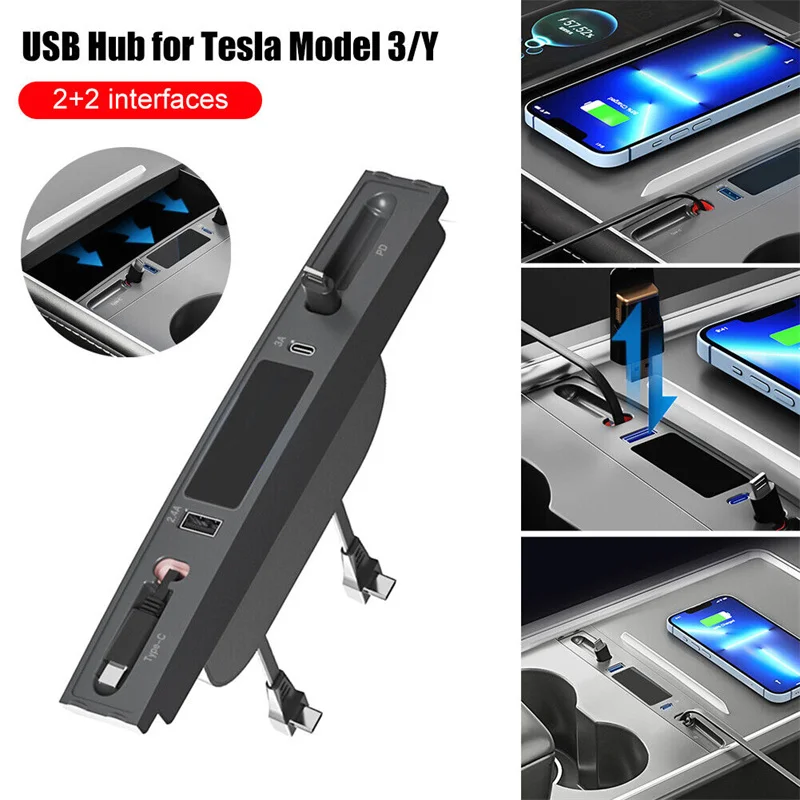 For-Tesla-Model-3-Y-2021-2022-27W-Quick-Charger-Docking-Station-USB-LED ...
