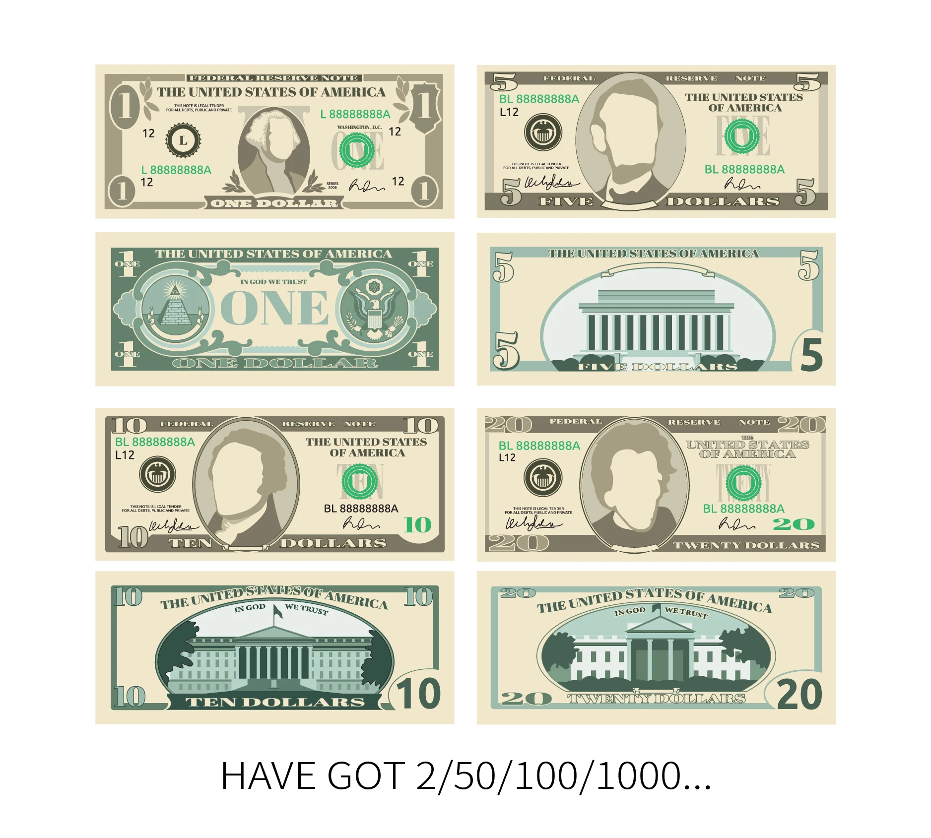 Dollar $1 $ 2 $5 $10 $20 $50 $100 No Watermark Paper Heaven Hell Bank ...