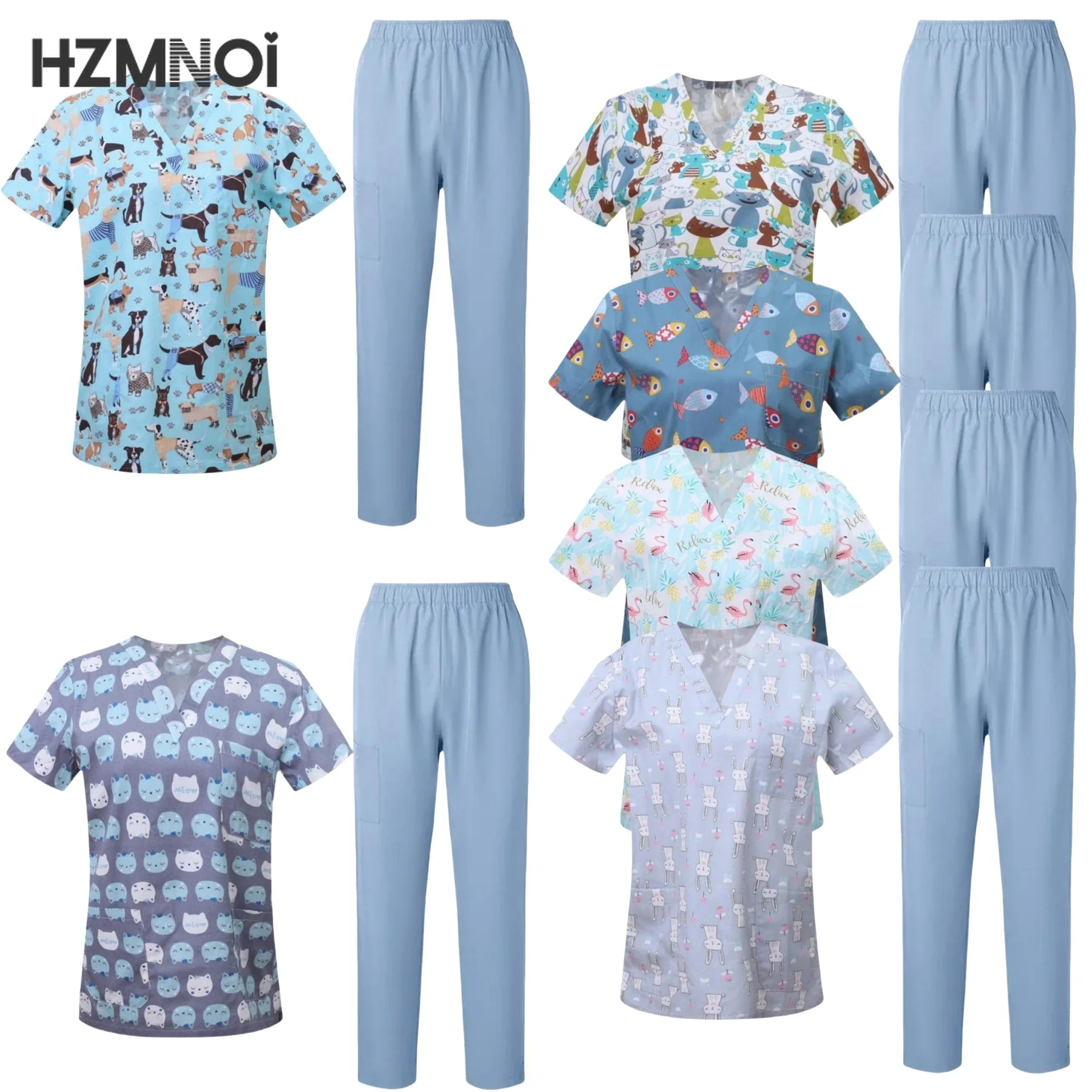 Surgical Uniforms Woman Printing Blouse Pockets Pants Medical Scrub Set ...