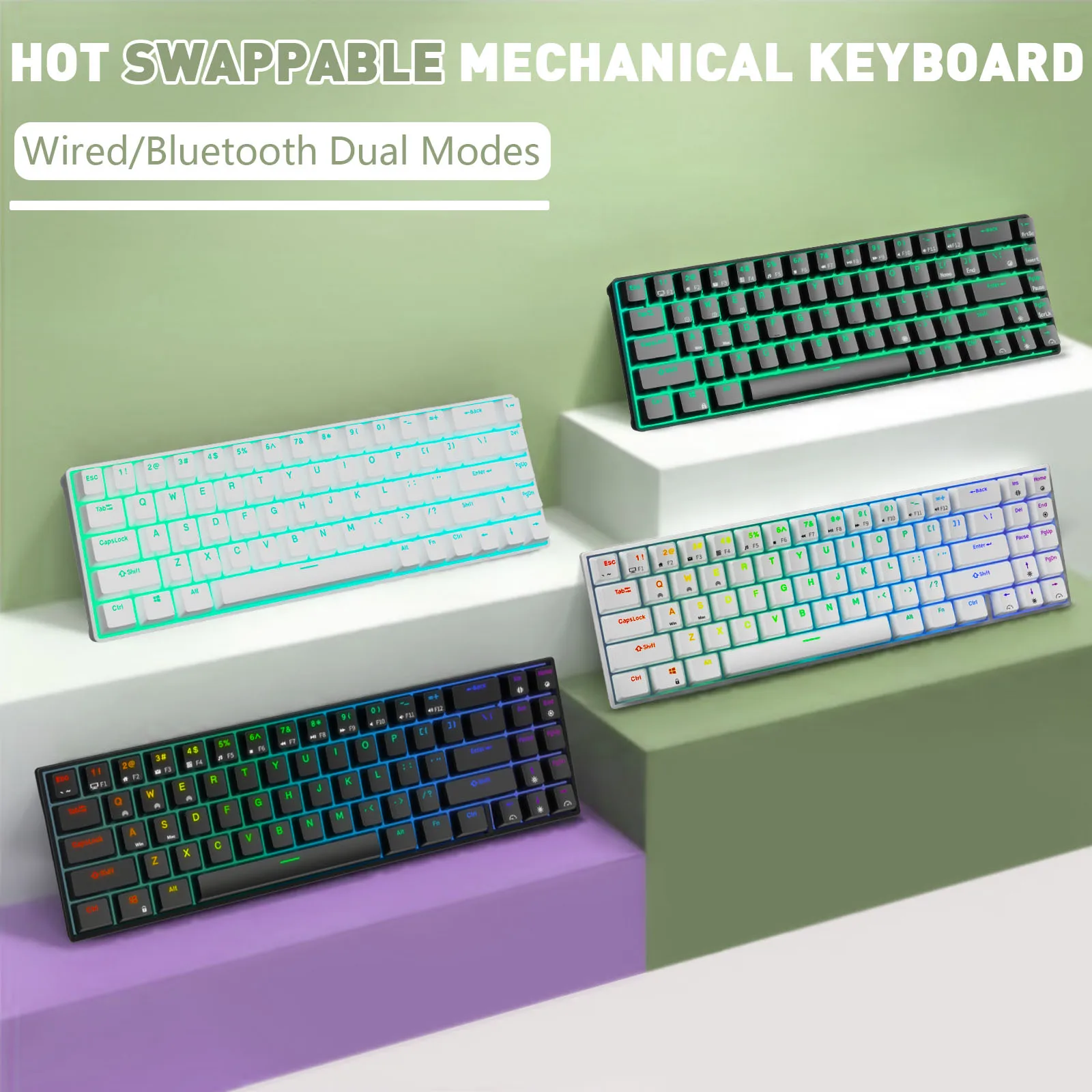 Royal Kludge RGB 무선 65% 컴팩트 기계식 키보드, 블루투스 핫 스왑 게임용 키보드, 68 키 65%, RK68 ...