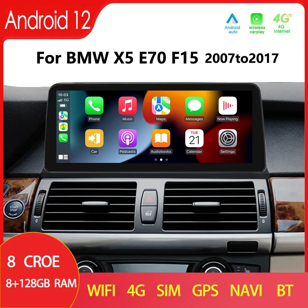 BMW X5 안드로이드 12 E70/F15 2007to2017 용 무선 카플레이, 자동차 라디오 GPS 네비게이션 멀티미디어 플레이어 HD 터치 스크린 8 코어 ...