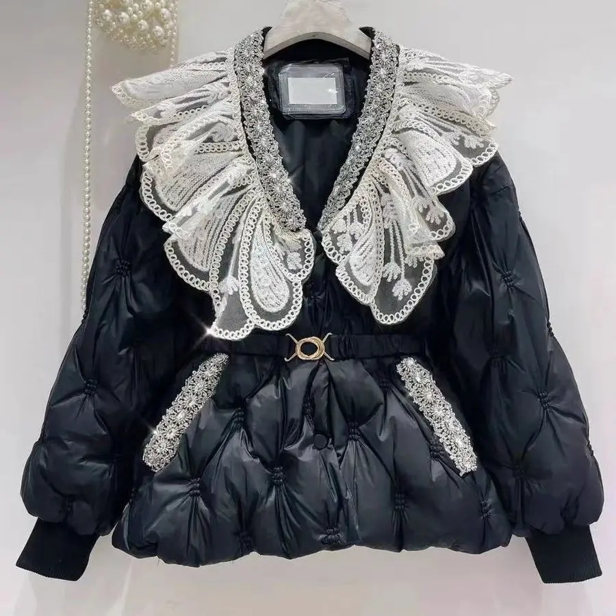 Luxury-Diamonds-Women-Wadded-Jacket-Korea-Beading-V-neck-Lace-Long ...