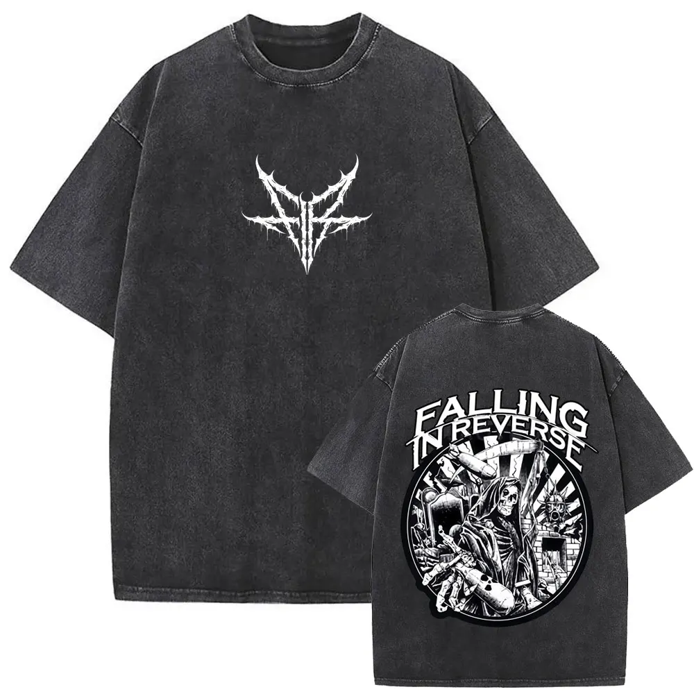 Washed Vintage Rock Band Falling in Reverse Skeleton Print T-shirt Men ...