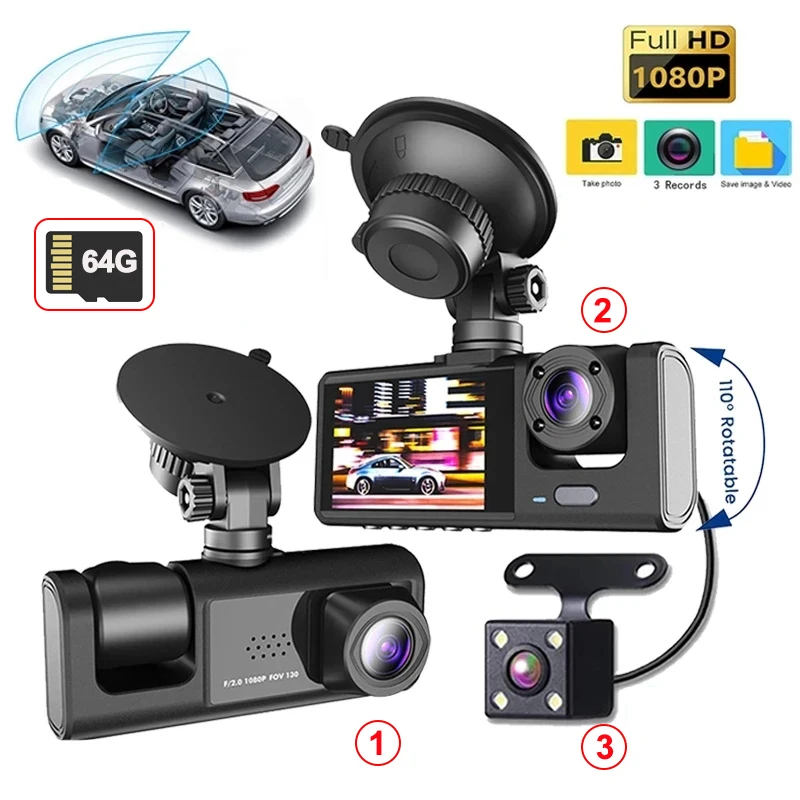 3 Channel Dash Cam for Car Camera Video Recorder Dashcam DVRs Black Box ...
