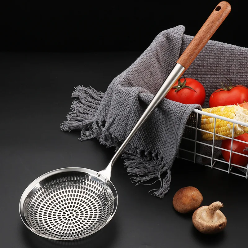 Stainless-Steel-Pasta-Colander-Long-Wooden-Handle-Large-Noodle-Drainer ...