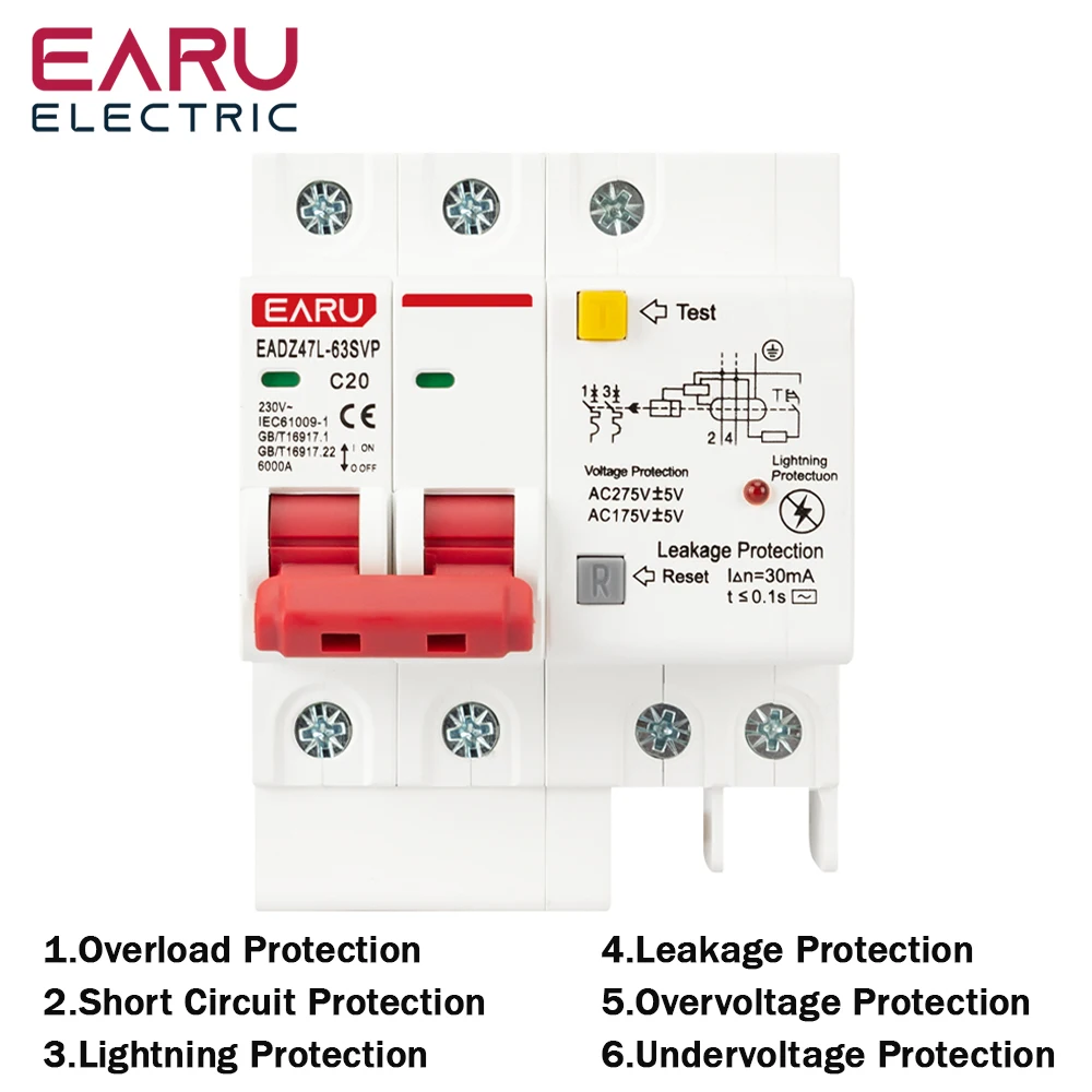230V 2P SPD Residual Current Circuit Breaker With Overload Overvoltage ...
