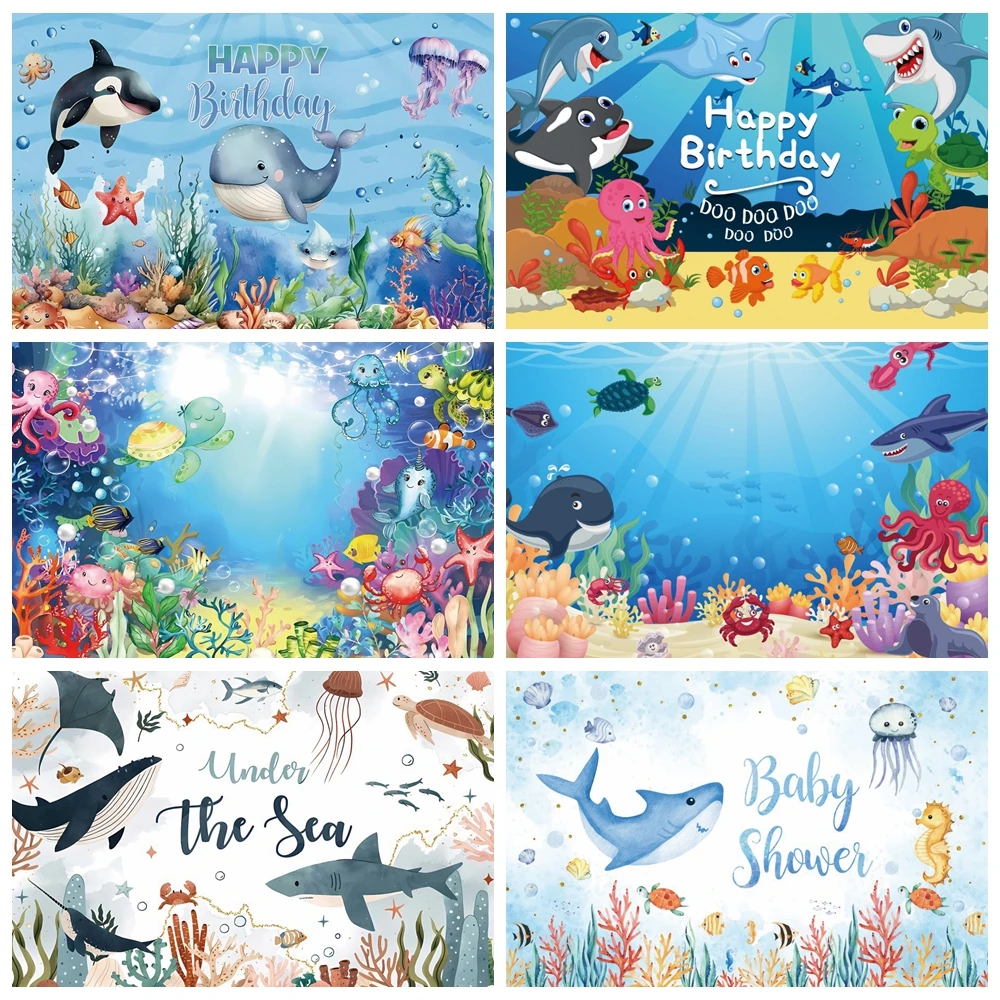 Underwater World Birthday Photography Backdrop Ocean Fish Shark Dolphin ...