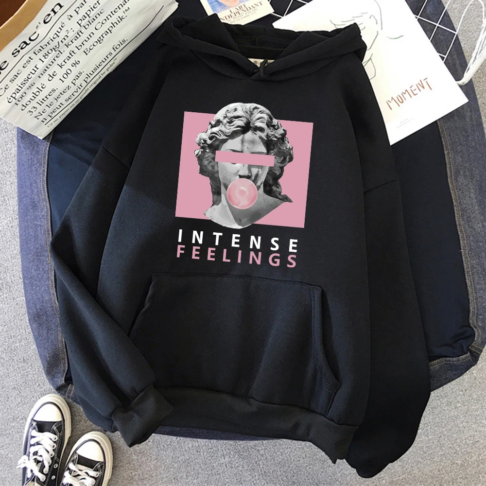 INTENSE FEELINGS Creative Printing Female Hoodies Pocket Loose Pullover ...