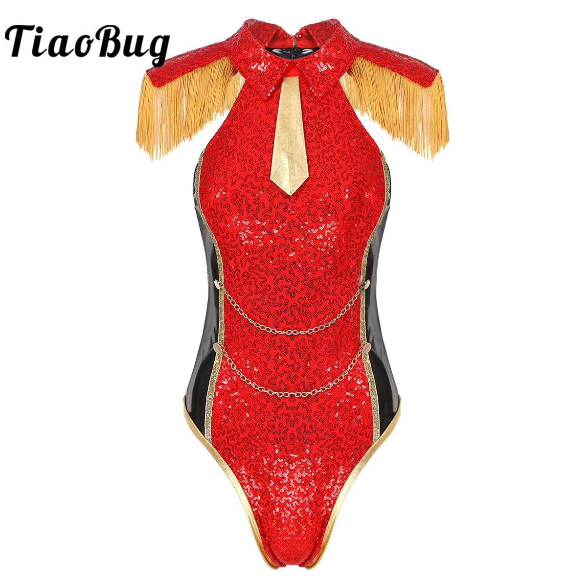 Womens-Sequined-Leotard-Bodysuit-Sleeveless-Tassel-Circus-Ringmaster ...