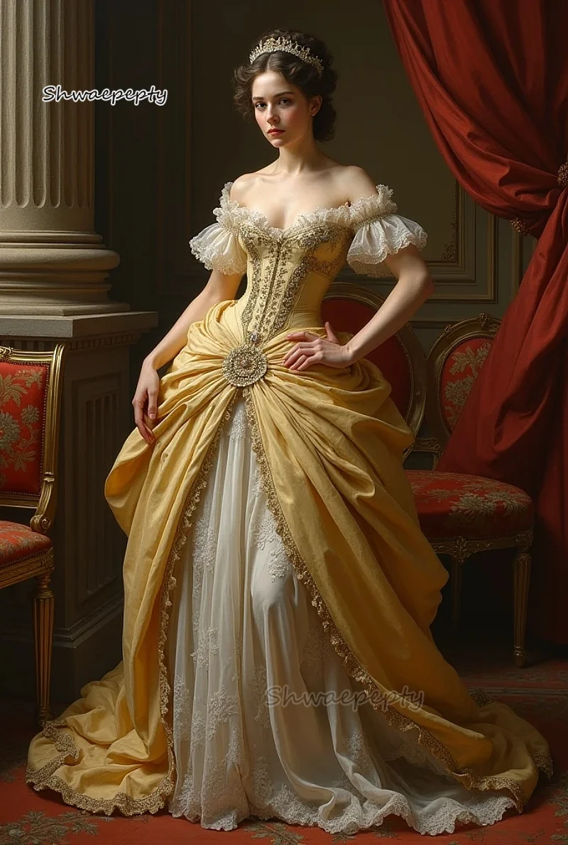 Vintage Baroque Prom Dress Off Shoulder Ruched Yellow And Ivory Long ...