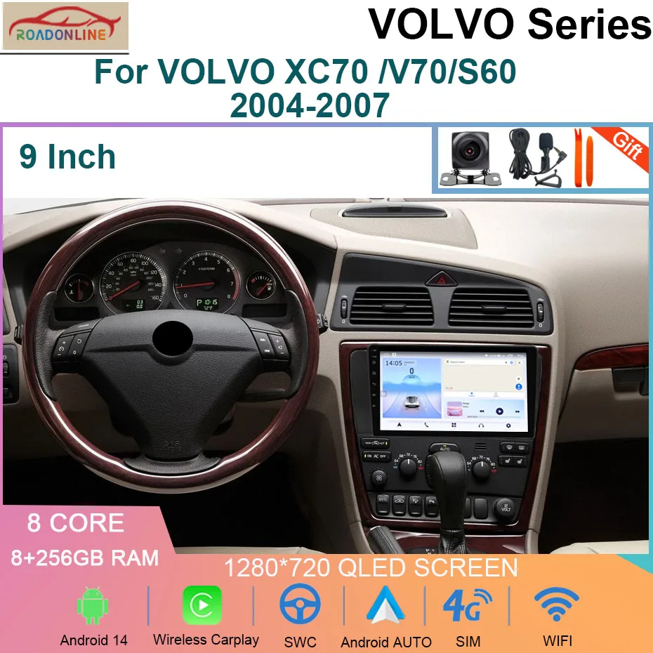9Inch 8+256GB Android 14 Car Radio For VOLVO XC70 /V70/S60 2004-2007 ...