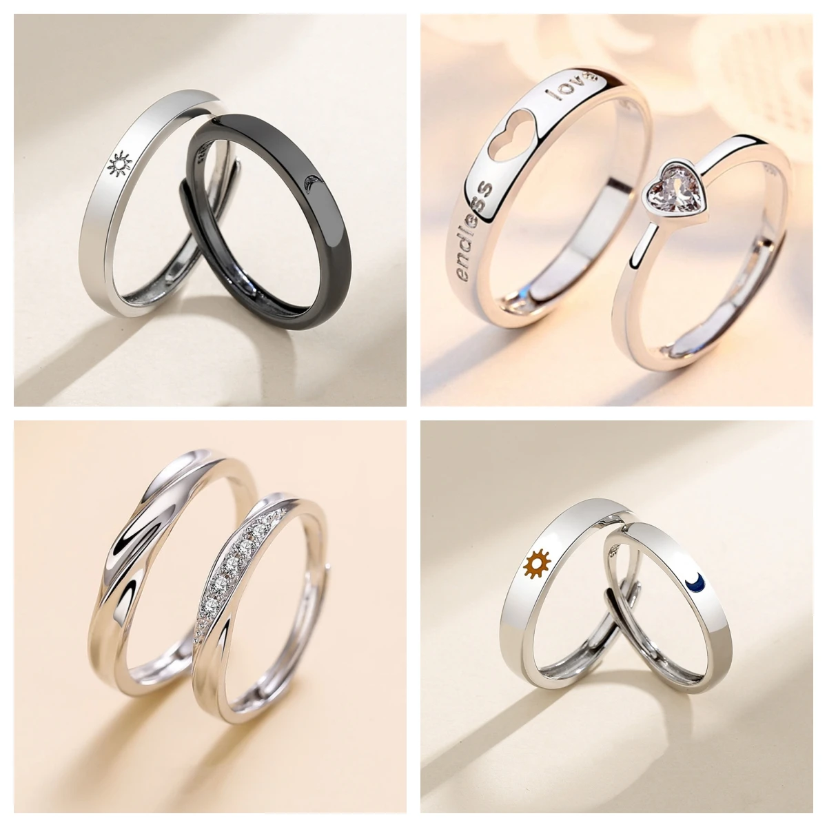 New-Fashion-Simple-Couple-Rings-Silver-Plated-Sun-Moon-Adjustable-Open ...
