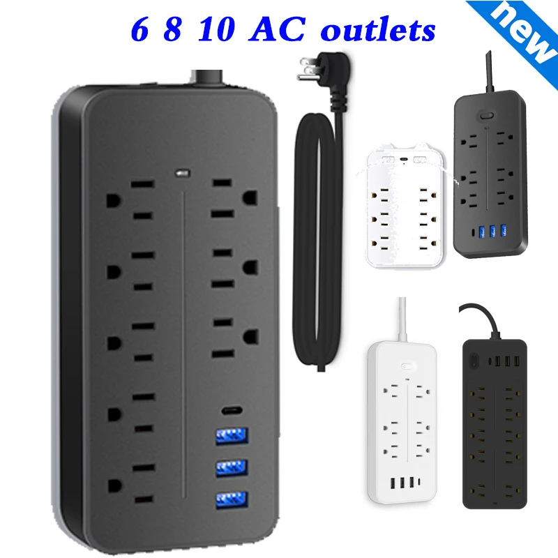 US-Power-Strip-Sockets-6-8-10Outlets-with-3-USB-1-Type-c-AC110v-Fast ...