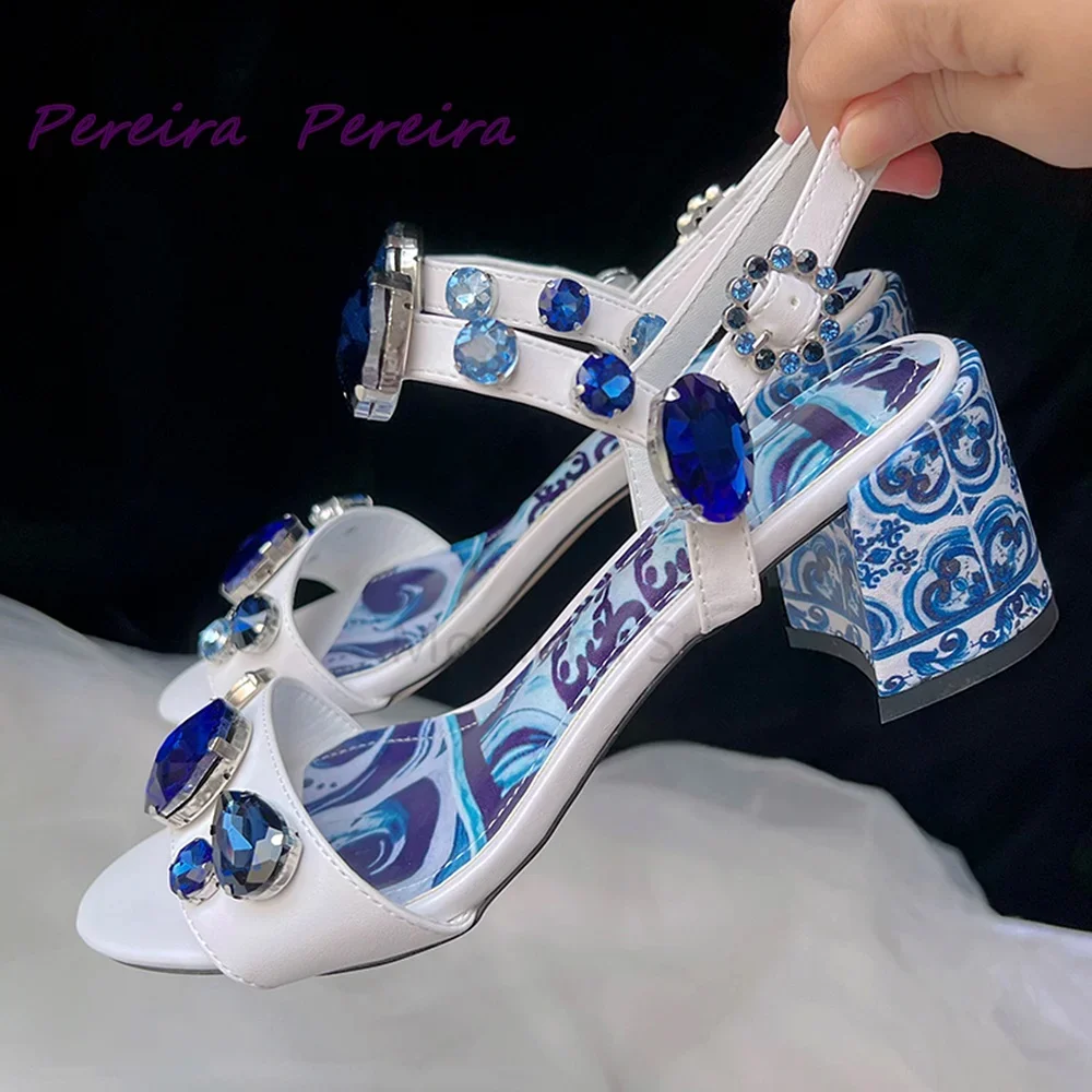 Classic Blue White Gemstone Sandals Open Toe Bohemian Style Luxury ...