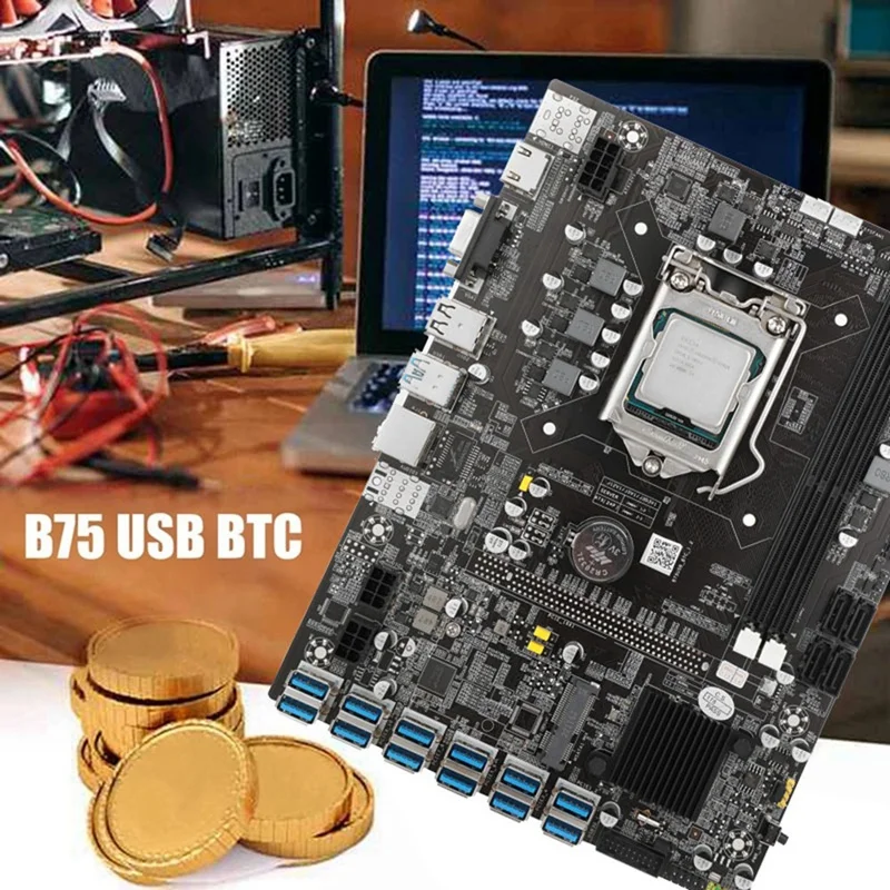 B75 placa mãe b75 12usb btc mineiro placa mãe + cpu 2x4g ddr3 ram 128g ...