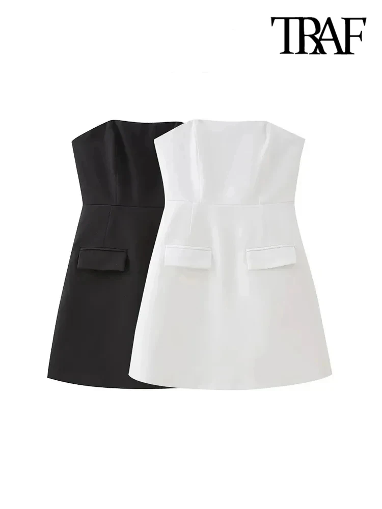 TRAF-Strapless-Mini-Dress-With-Flap-For-Women-Straight-Neck-Back-Zipper ...