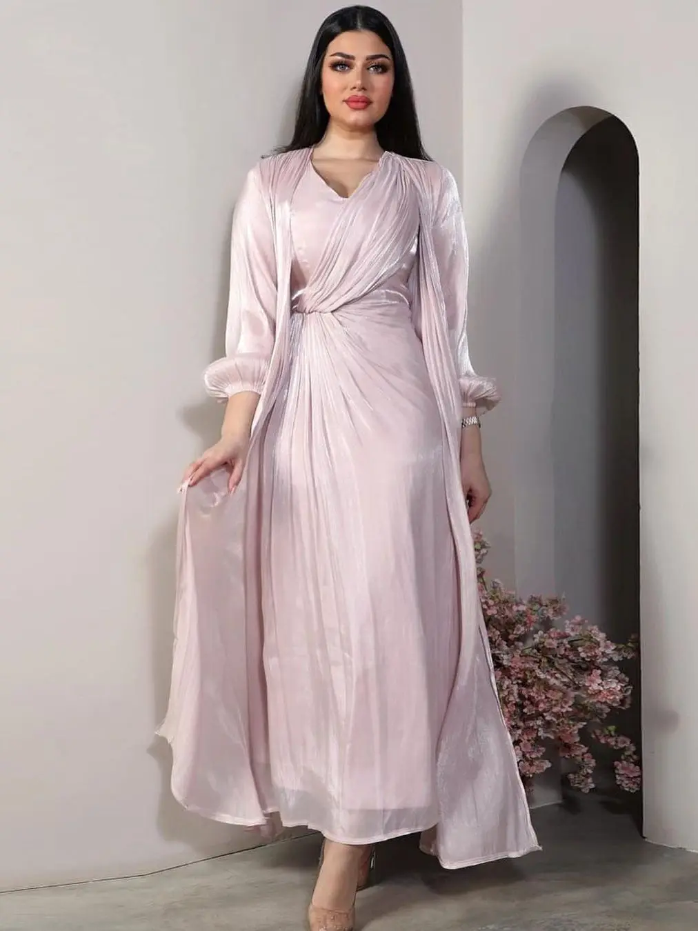 Sheer Two Piece Set for Women Muslim Sleeveless Inner Robe+Kimono Abaya ...