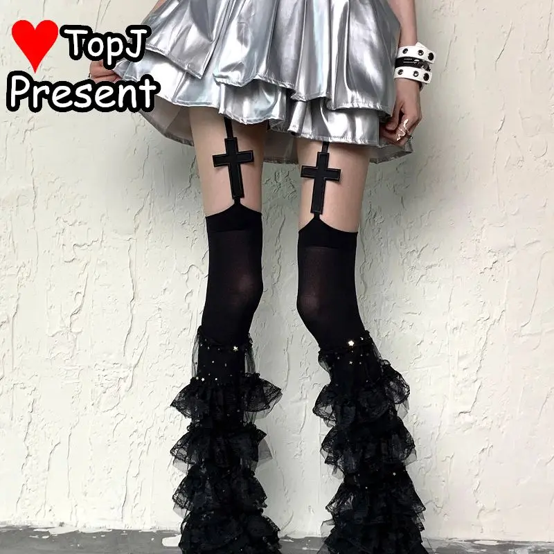 Dark Punk Gothic Lace Ruffle Leg Warmers Suspender socks Y2K Spicy Girl ...