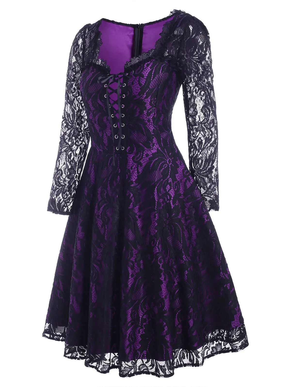 Vintage-Gothic-Dress-Lace-Sheer-Lace-Up-A-Line-Dress-Women-Black-Purple ...