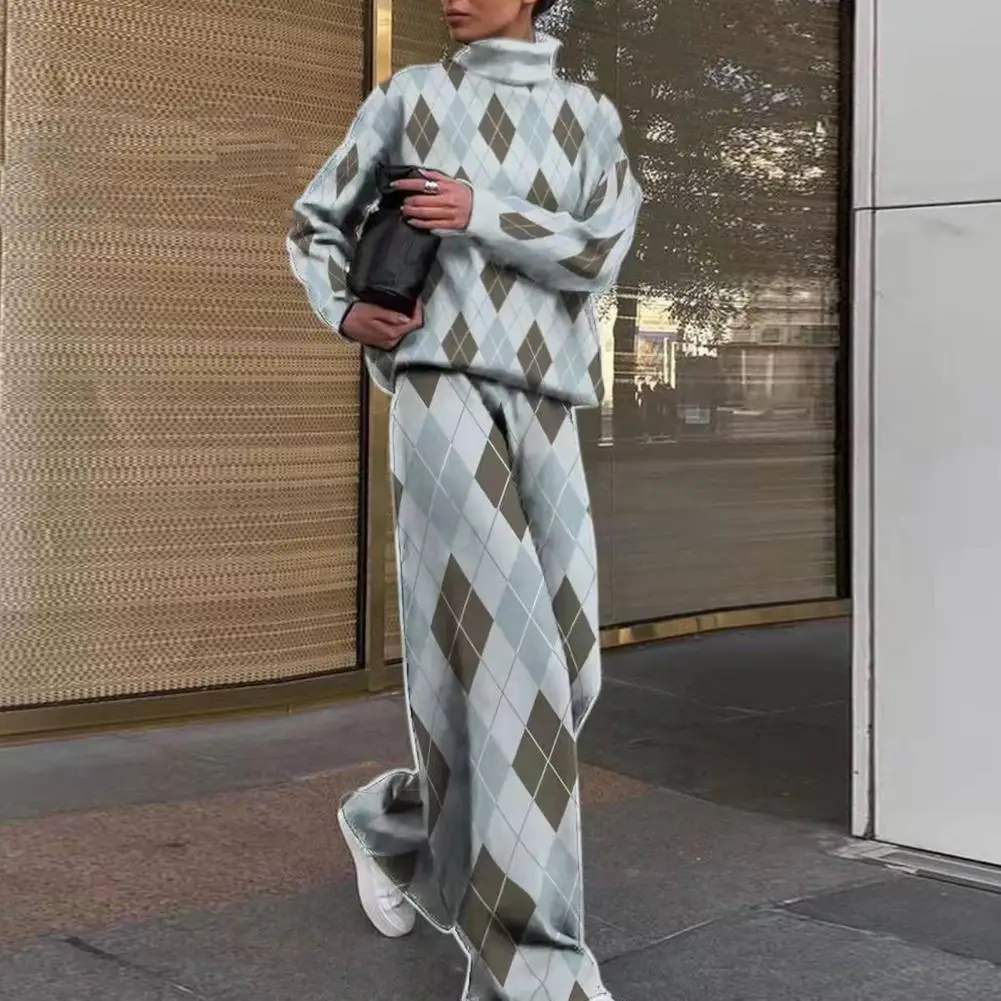 Turtleneck-Rhombus-Pant-Sets-Women-Outfit-Autumn-Vintage-Plaid-Pullover ...