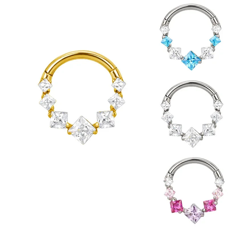G23 Titanium EAR Nose Ring PIERC with 5 Square Zircon Ring Hoop Face ...